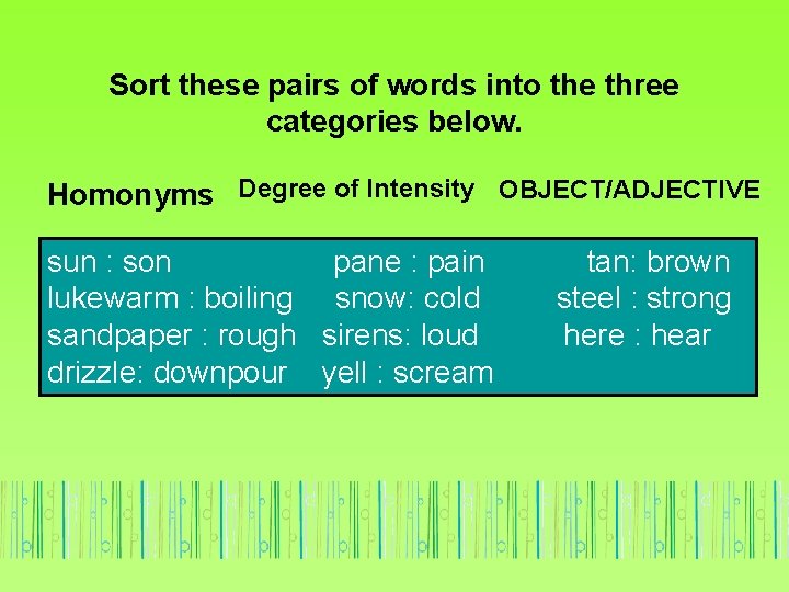 HOMONYMS DEGREE OF INTENSITYHOW MUCH OBJECTADJECTIVE VERB TENSE