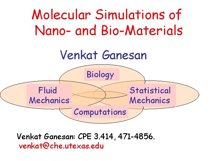 Molecular Simulations of Nano and BioMaterials Venkat Ganesan