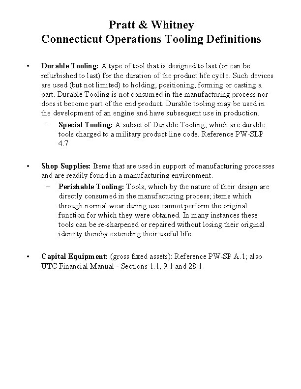 Pratt Whitney Connecticut Operations Tooling Definitions Durable Tooling