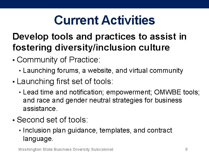 Washington State Business Diversity Subcabinet Improving Diversity in