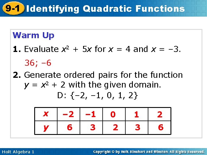 9 1 Identifying Quadratic Functions Warm Up 1
