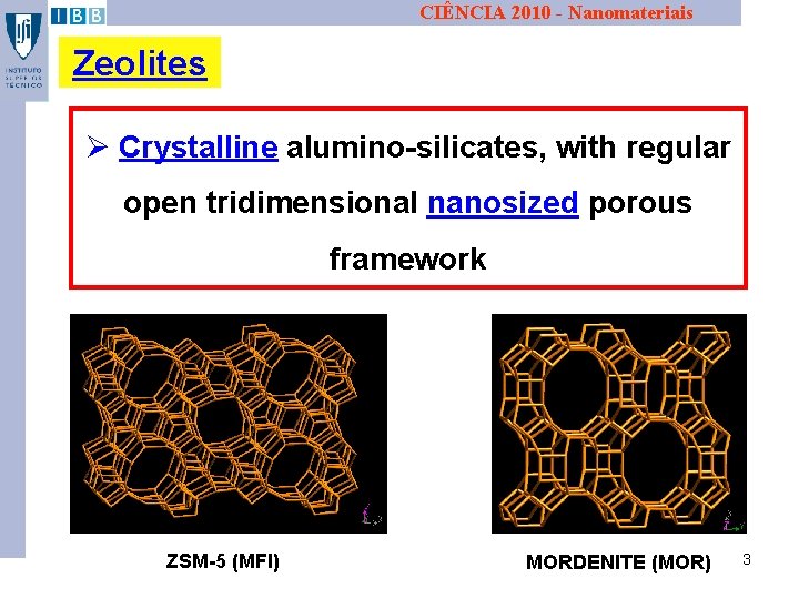 CINCIA 2010 Nanomateriais ZEOLITES Catalytic Nanostructure Materials Carlos