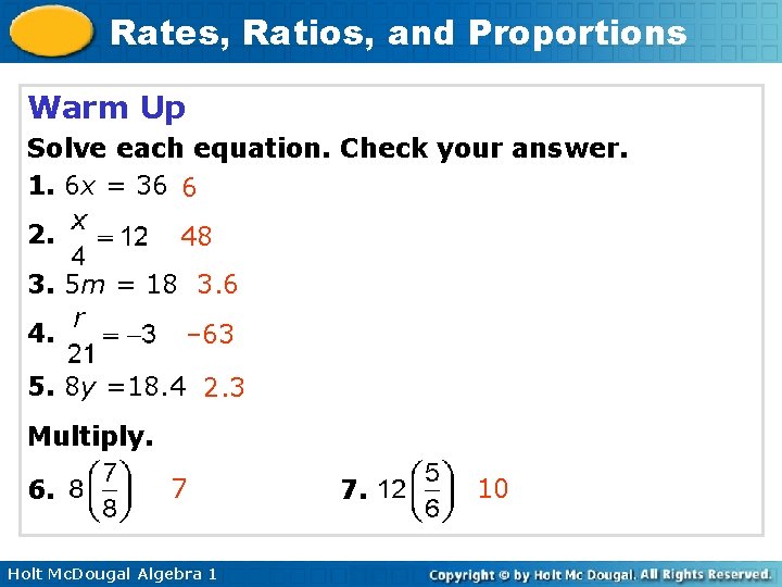 Rates Ratios and and Proportions Warm Up Lesson