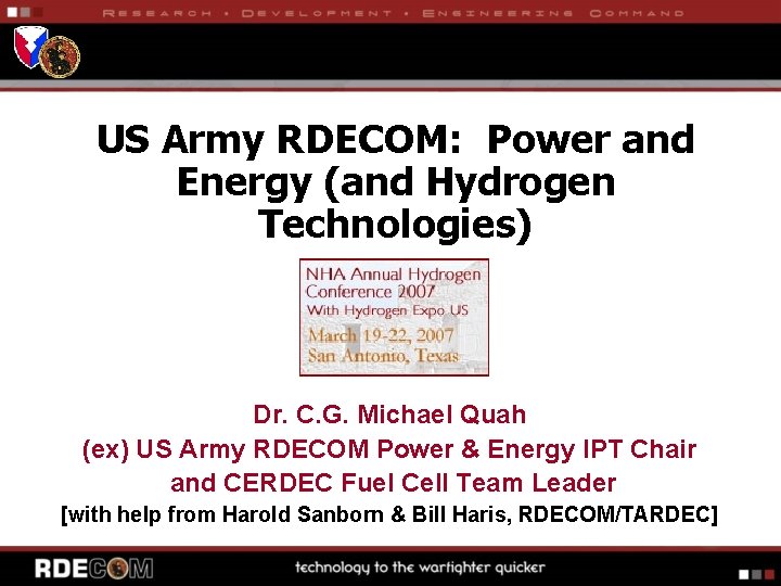 US Army RDECOM Power and Energy and Hydrogen