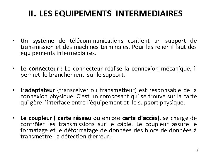 Chapitre II La Couche Physique I SUPPORT PHYSIQUE