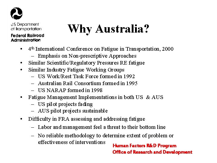 The Australian Approach to Fatigue Management Context and