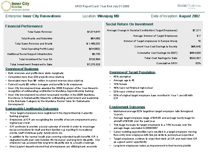 SROI Report Cards Years Ending July 31 2003