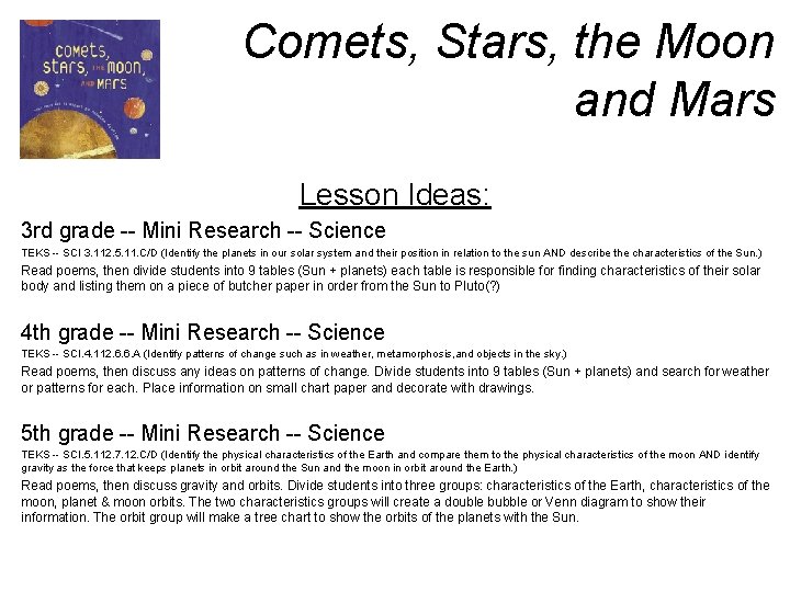 Comets Stars the Moon and Mars Lesson Ideas