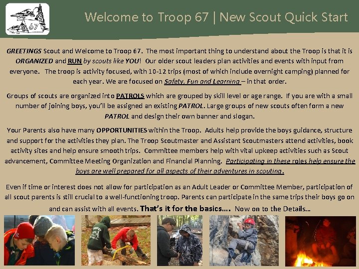 Welcome to Troop 67 New Scout Quick Start