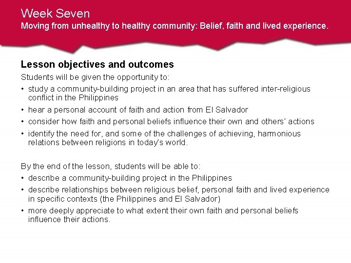 Week Seven Moving from unhealthy to healthy community