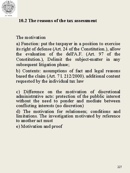 10 THE TAX ASSESSMENT AND TAX ASSESSMENT METHODS