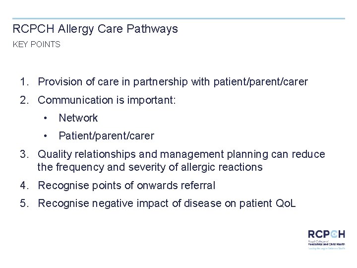 INTRODUCING FOUR RCPCH ALLERGY CARE SAMPLE TITLE PATHWAYS