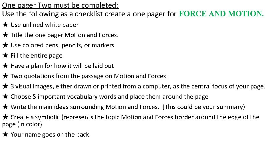 One pager Two must be completed Use the