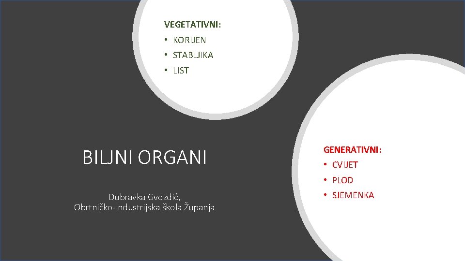 VEGETATIVNI KORIJEN STABLJIKA LIST BILJNI ORGANI GENERATIVNI CVIJET