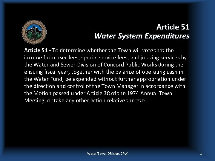 Article 51 Water System Expenditures Article 51 To