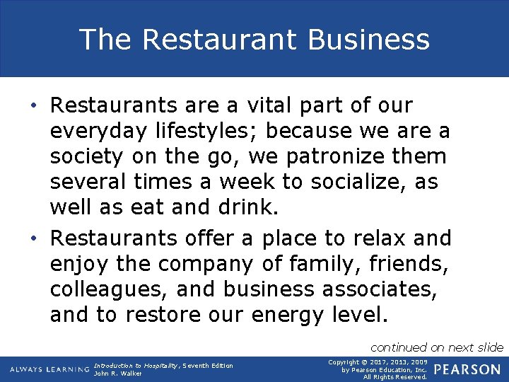 INTRODUCTION TO HOSPITALITY Seventh Edition CHAPTER 6 The