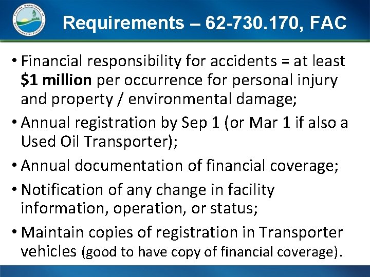 Hazardous Waste Transporters 40 CFR Part 263 and