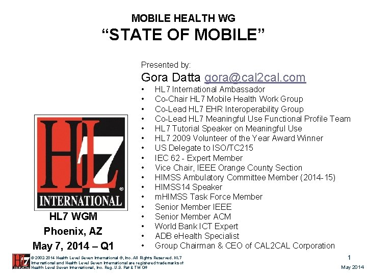 MOBILE HEALTH WG STATE OF MOBILE Presented by