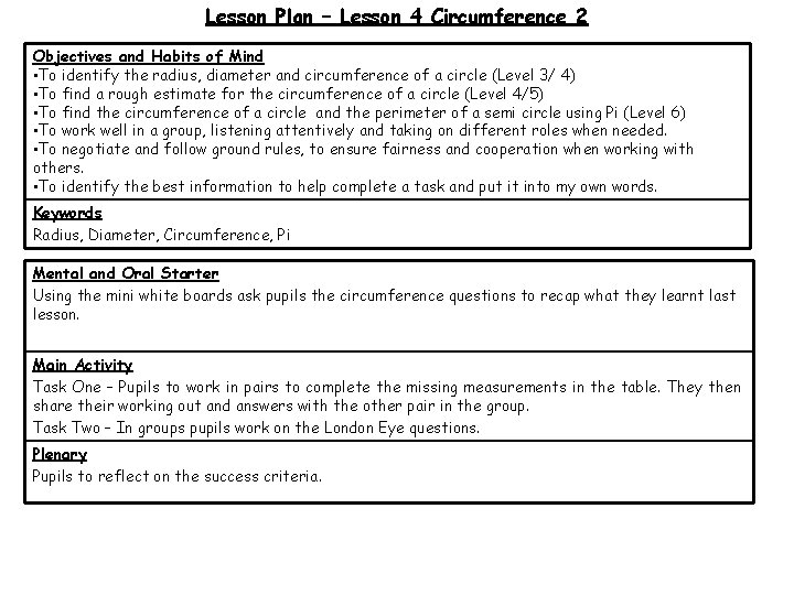 Lesson Plan Lesson 4 Circumference 2 Objectives and