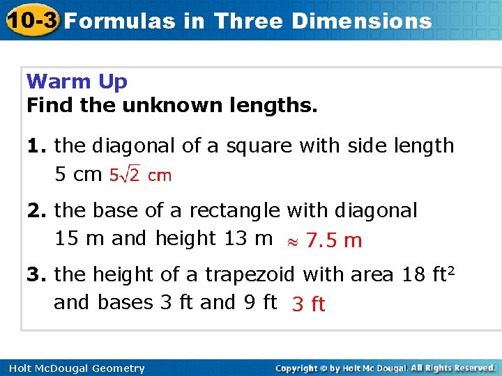 10 3 Formulasinin Three Dimensions Warm Up Lesson