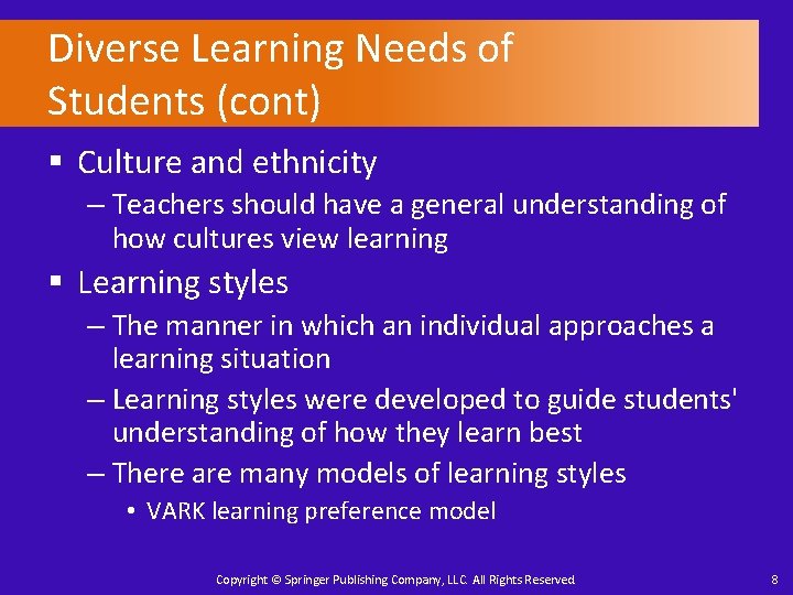 LEARNING AND STUDENTS Chapter 2 Copyright Springer Publishing