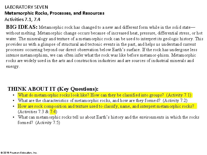 LABORATORY SEVEN Metamorphic Rocks Processes and Resources Activities