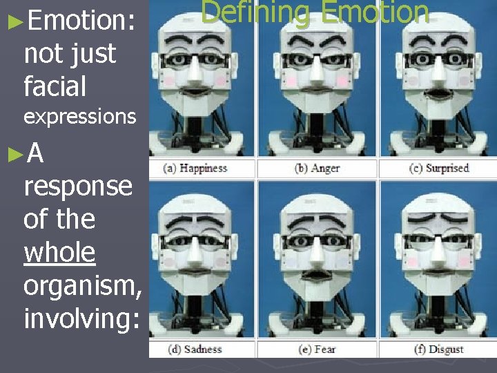 Emotion Emotion not just facial expressions A response