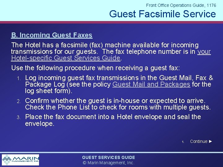Front Office Operations Guide 1176 Guest Facsimile Service