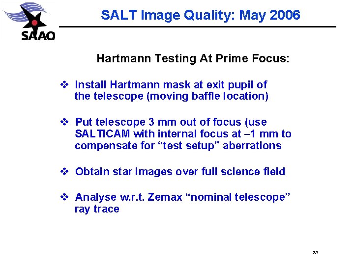 SALT Image Quality May 2006 SALT Science Working