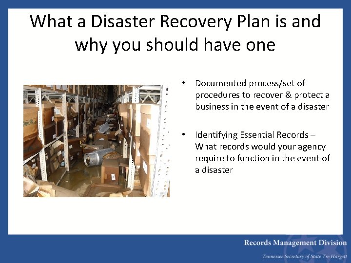 Disaster Recovery Plan presented by Records Management Secretary