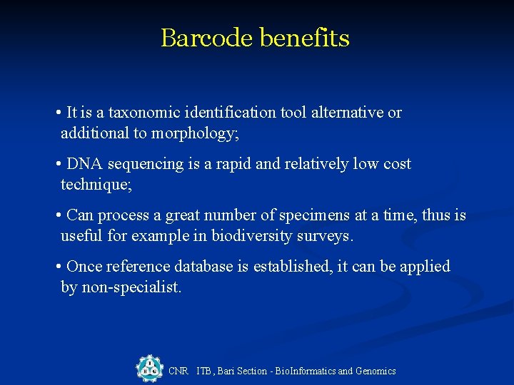 MOLECULAR BIODIVERSITY Barcode A new challenge for Bioinformatics