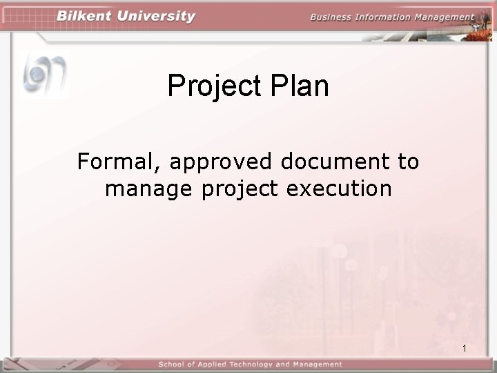 Project Plan Formal approved document to manage project