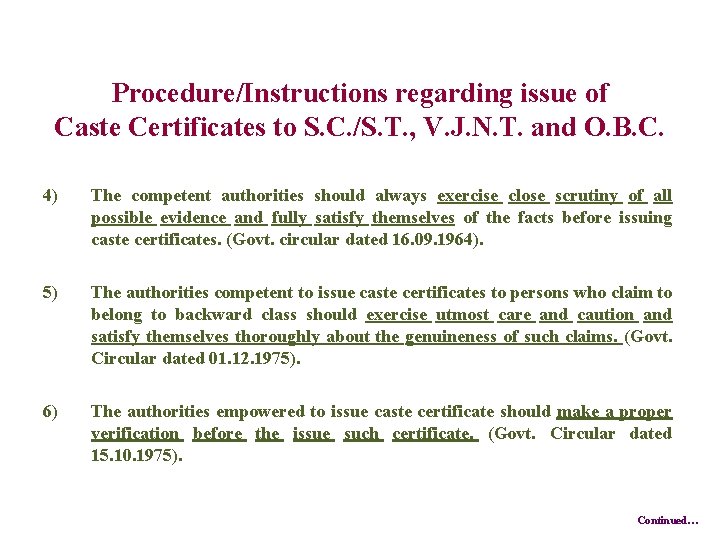 ProcedureInstructions regarding issue of Caste Certificates to S