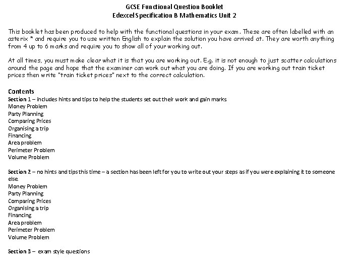 GCSE Functional Question Booklet Edexcel Specification B Mathematics