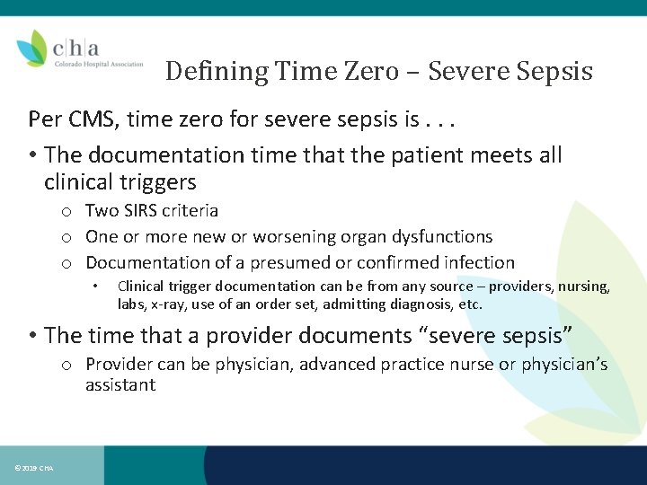 Sepsis Overview Colorado Hospital Association 2019 CHA Objectives