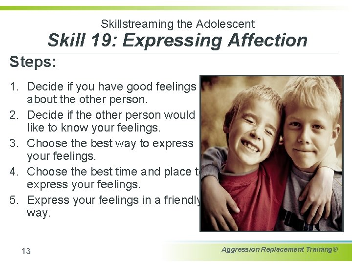 Skillstreaming Procedures Modeling Skill demonstration by trainers Role