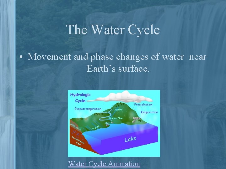 The Water Cycle Also known as the Hydrologic