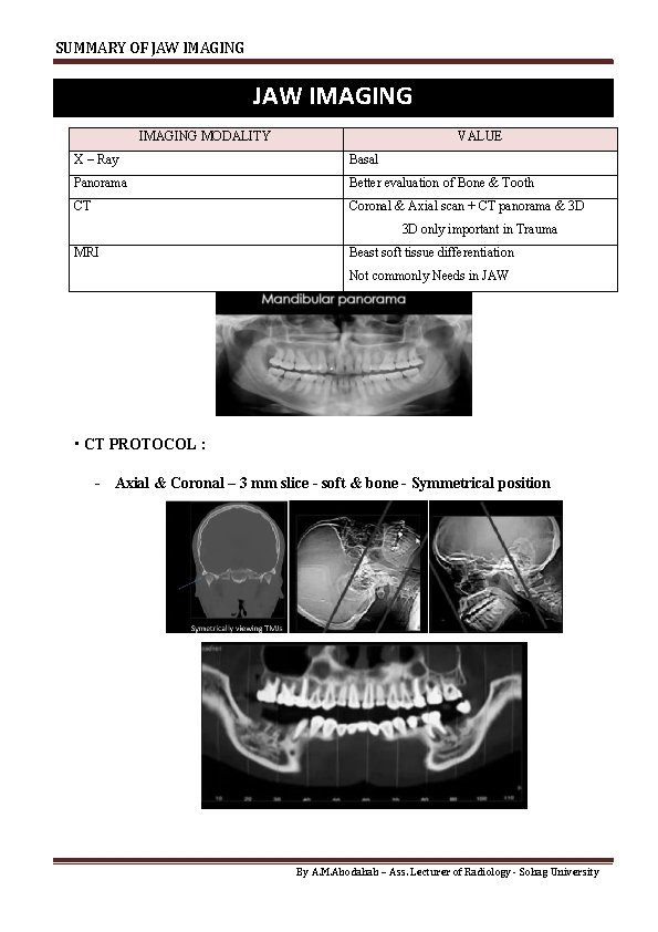 SUMMARY OF JAW IMAGING MODALITY VALUE X Ray