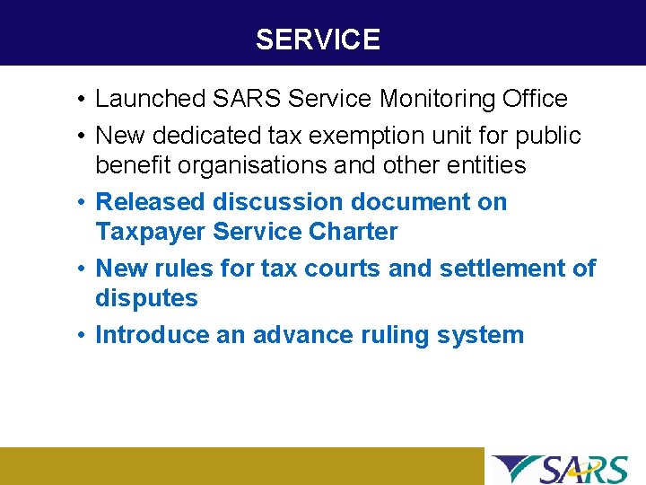 PORTFOLIO AND SELECT COMMITTEES ON FINANCE SARS PRESENTATION