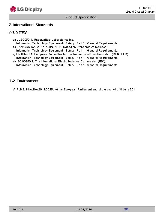 LP 156 WHB Liquid Crystal Display Product Specification