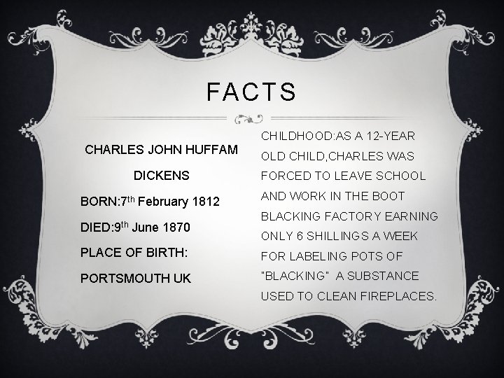 CHARLES DICKENS A famous victorian author FACTS CHILDHOOD