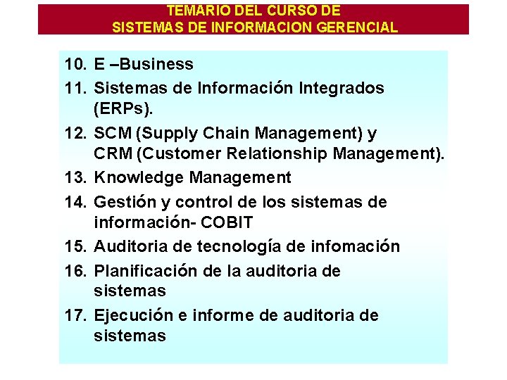 SISTEMAS DE INFORMACION GERENCIAL VISION GENERAL DEL CURSO