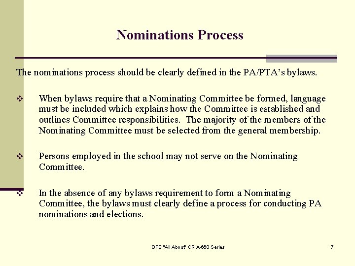 PAPTA Nominations and Elections Nominations Process Responsibilities of