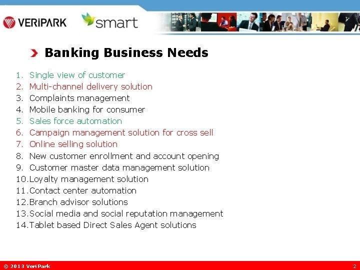 Banking Business Needs 1 Single view of customer