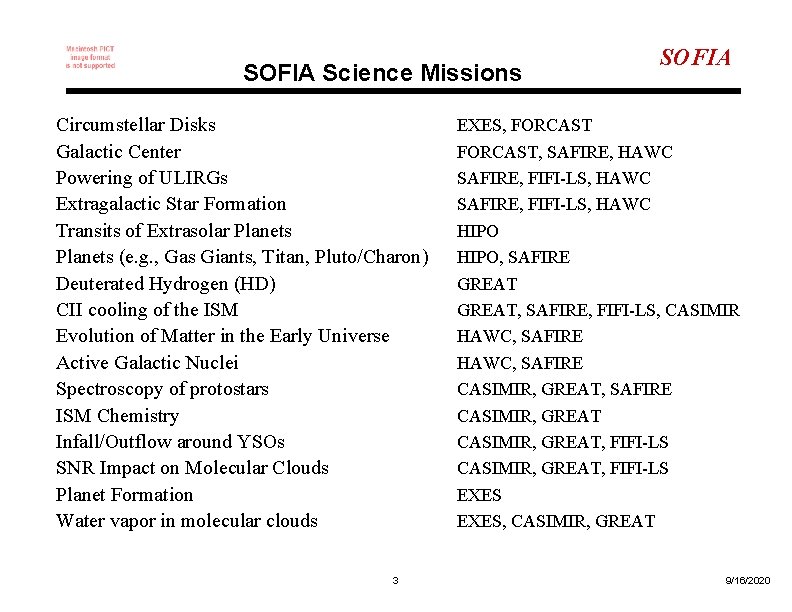 SCIENCE INSTRUMENTS SOFIA SOFIAs Instrument Complement SOFIA As