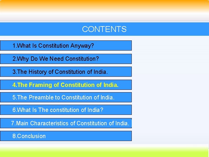 INDIAN CONSTITUTION CONTENTS 1 What Is Constitution 2