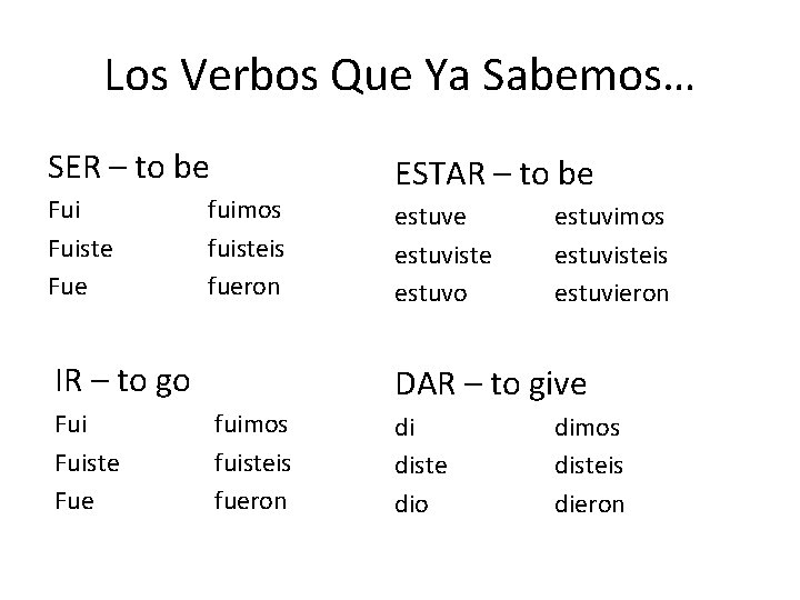 Nasty Irregular Verbs in the Preterite Los Verbos