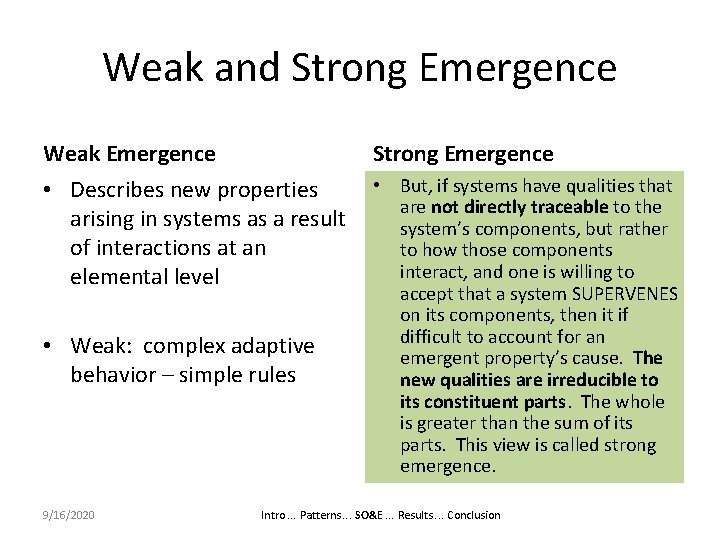 SelfOrganization Strong and Weak Emergence Spatial Planning Patterns