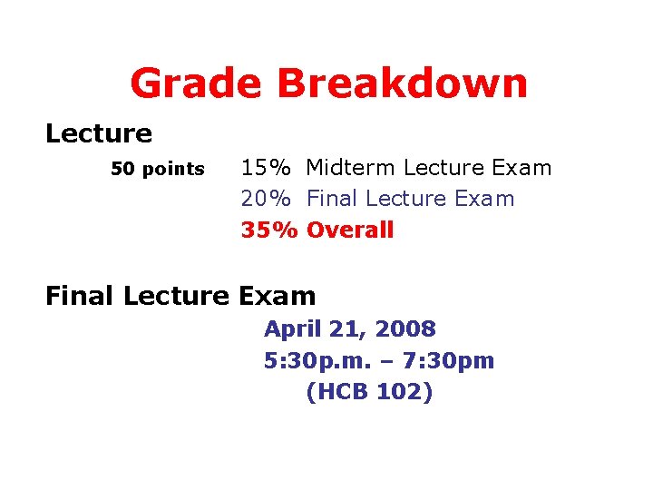 Grade Breakdown Lecture 50 points 15 Midterm Lecture
