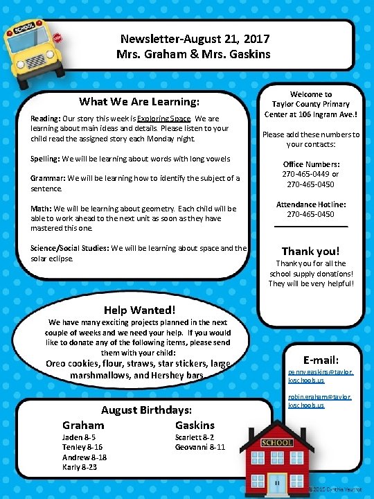 NewsletterAugust 21 2017 Mrs Graham Mrs Gaskins What